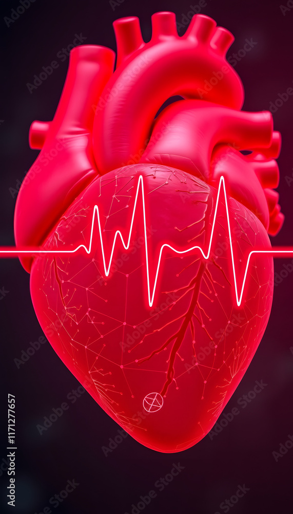 Red heart with a red line of cardiac impulse, cardiogram. Medicine ...