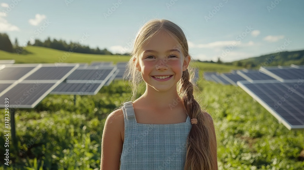 Girl standing in solar farm with photovoltaic panels and green ...