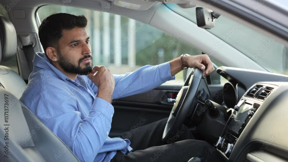 Video Stock Pensive attractive man thinking, while sitting on driver's ...
