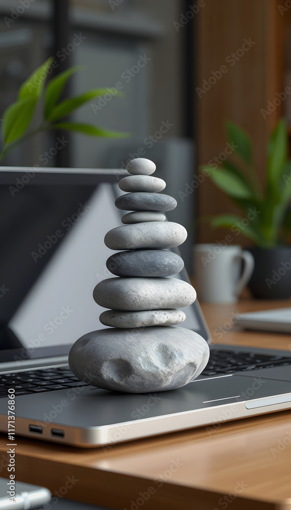 Zen stones stack on a computer laptop office desk background. 3d ...
