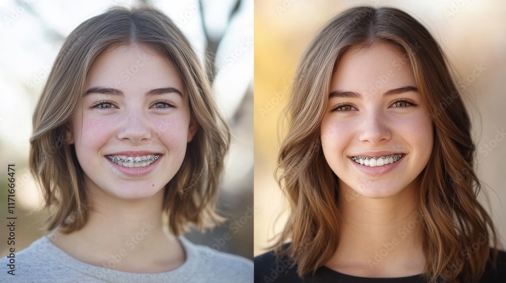 A before-and-after photo of a person with braces, showing their ...