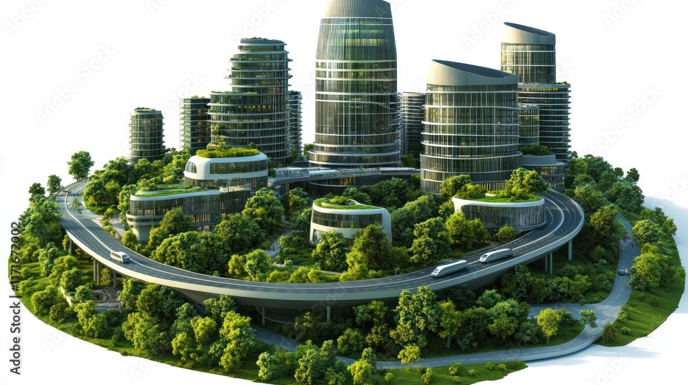 Sustainable futuristic city, with green spaces and modern buildings ...