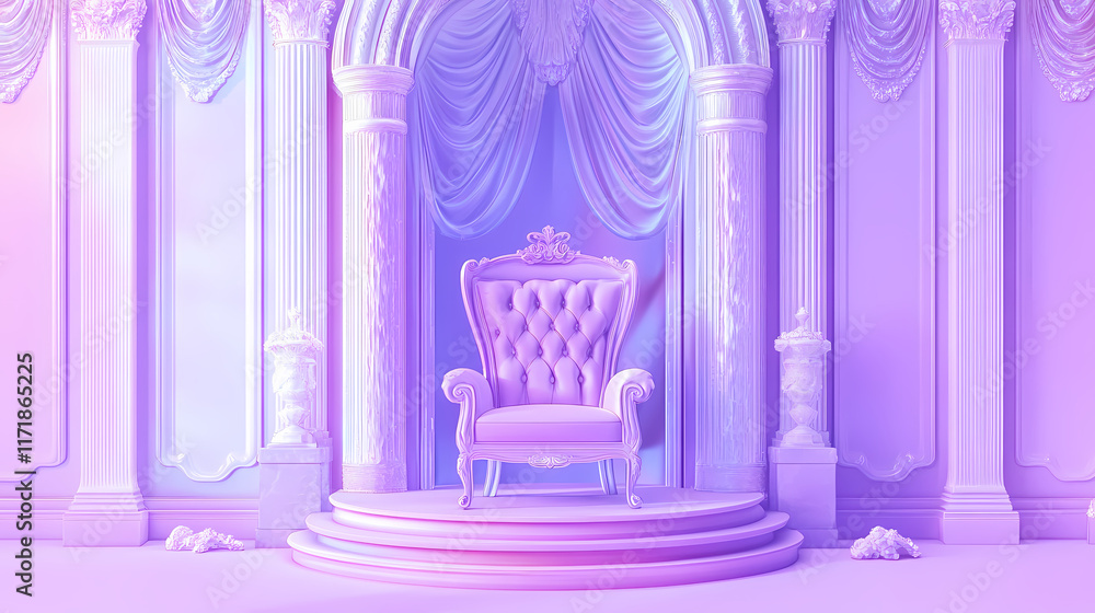 Grand throne with velvet cushions on pastel purple background capturing ...
