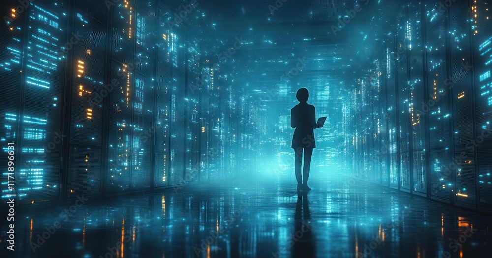 Engineer Configuring AI in Cyberpunk Data Center with Laptop and Server Racks Stock Illustration ...