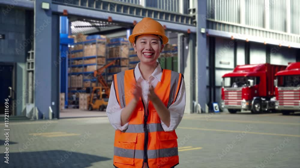 Asian Female Engineer With Safety Helmet Smiling And Clapping Her Hands ...