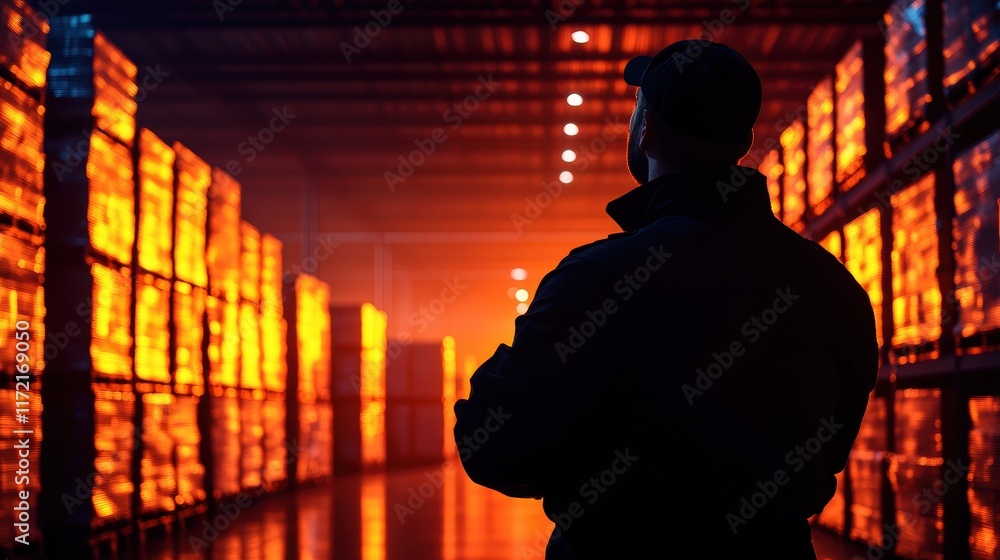 Warehouse inventory management industrial facility photography dimly lit environment perspective ...