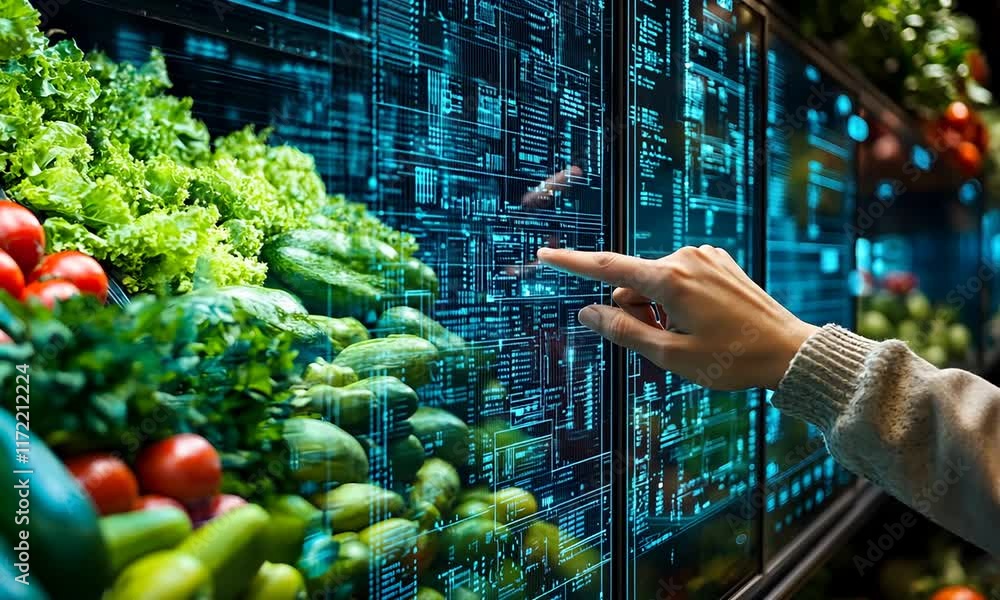 Woman Uses Interactive Digital Display in Modern Grocery Store to ...
