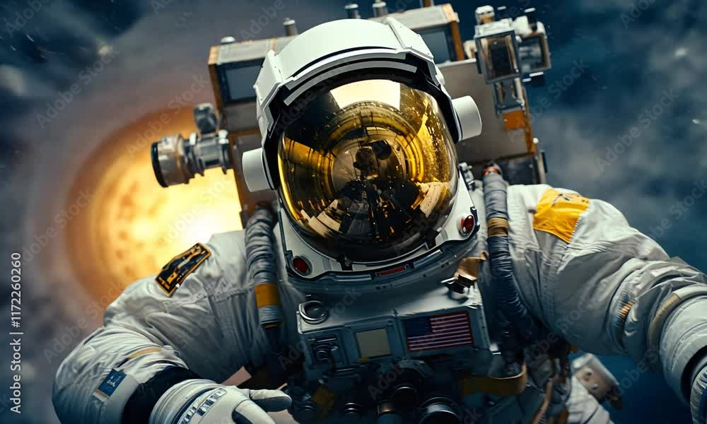 An astronaut in a space suit floats in the cosmos, with a reflective ...