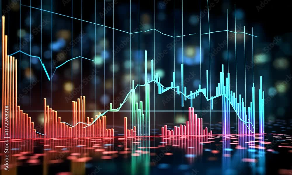 The image features a dynamic data visualization with colorful bar ...