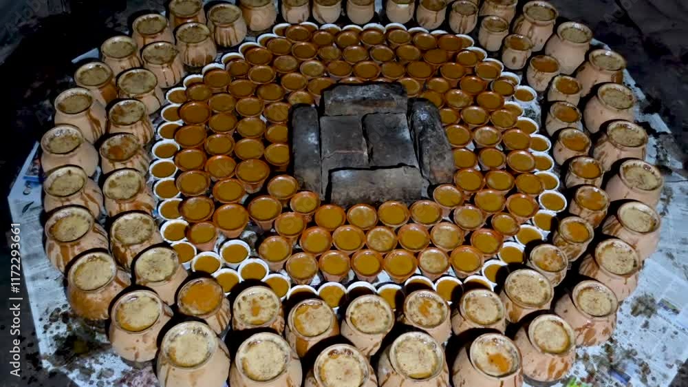 Traditional Sweet yogurt making process. Round, handmade clay pots for ...