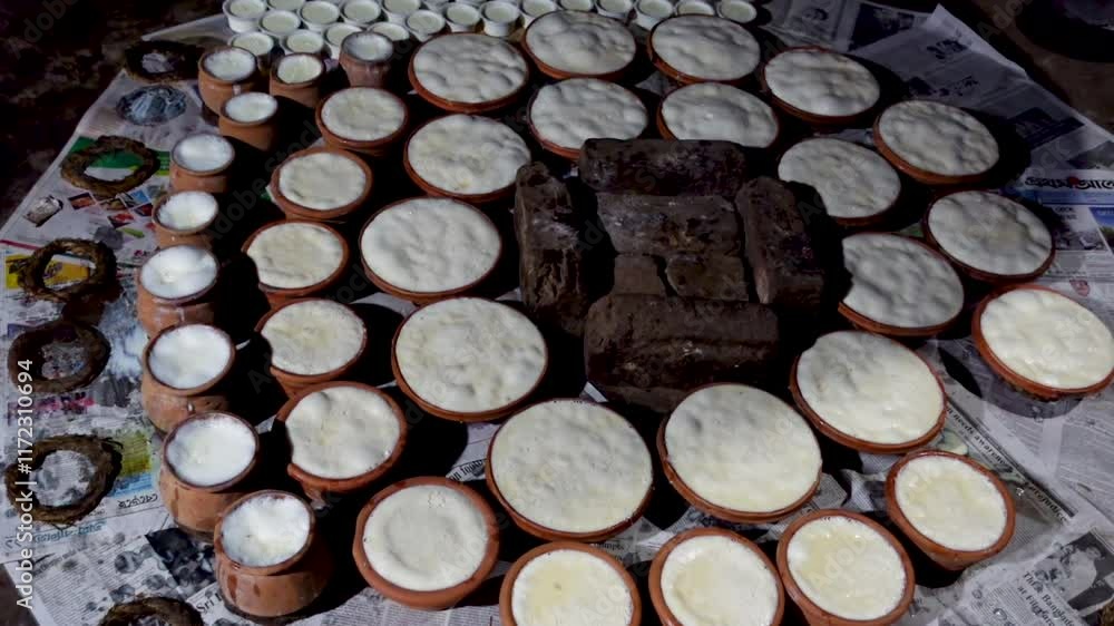 Traditional Sweet yogurt making process. Round, handmade clay pots for ...