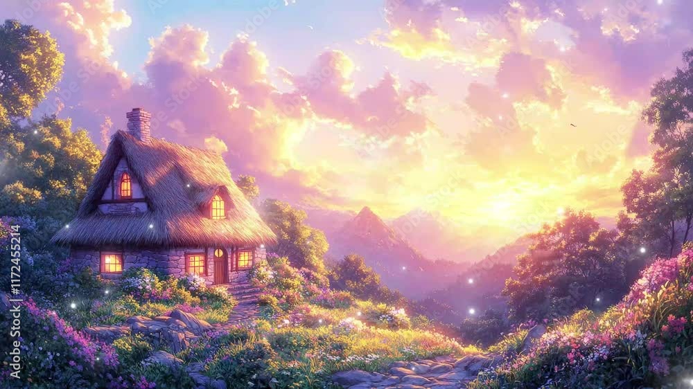 Warm light glows from a thatched cottage as the sun sets. glitch stream ...