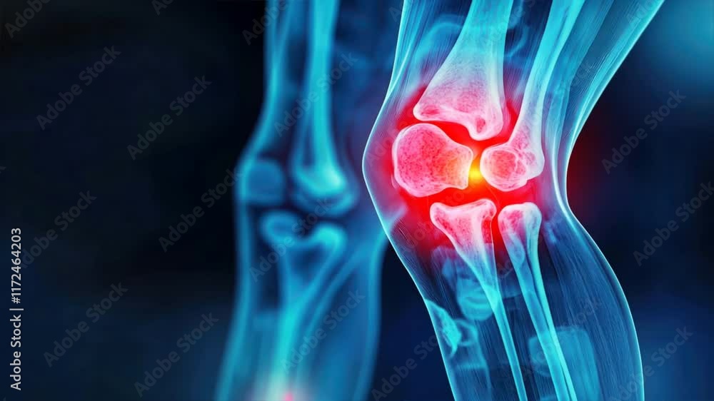 Digital x ray of knee joint pain with red inflammation focus one leg ...