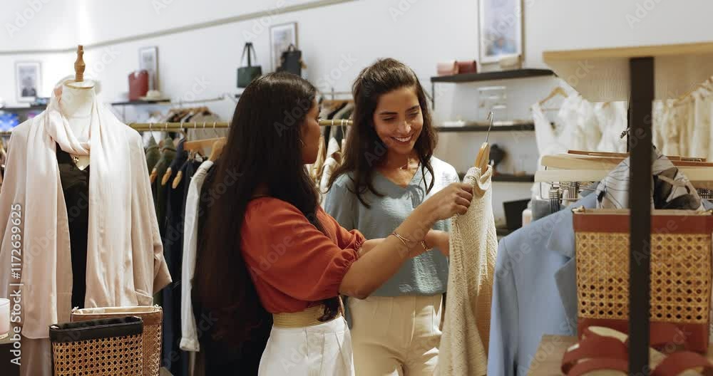 Two young women browsing through clothing racks, examining cream ...