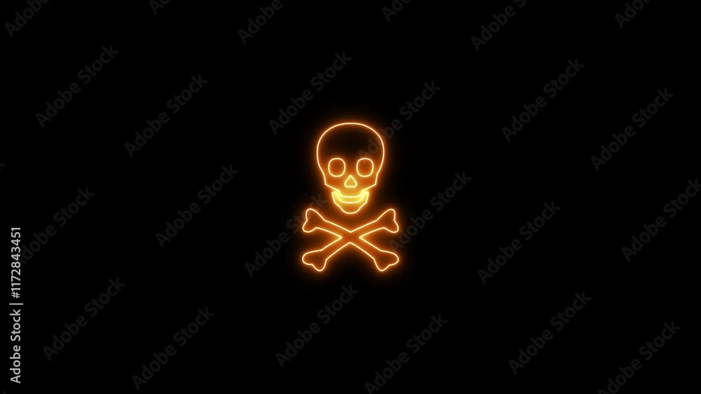 Neon danger icon concept 4k animation. Warning skull symbol. Death ...