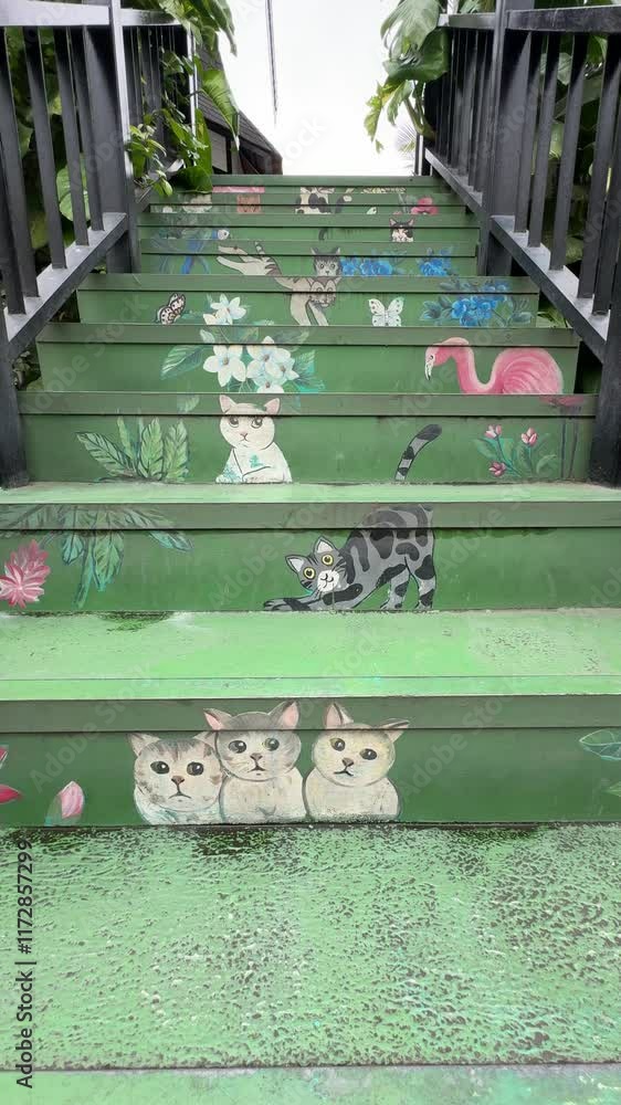 cute cat mural art design on the staircase or stairs at Neo Cat Cafe in ...
