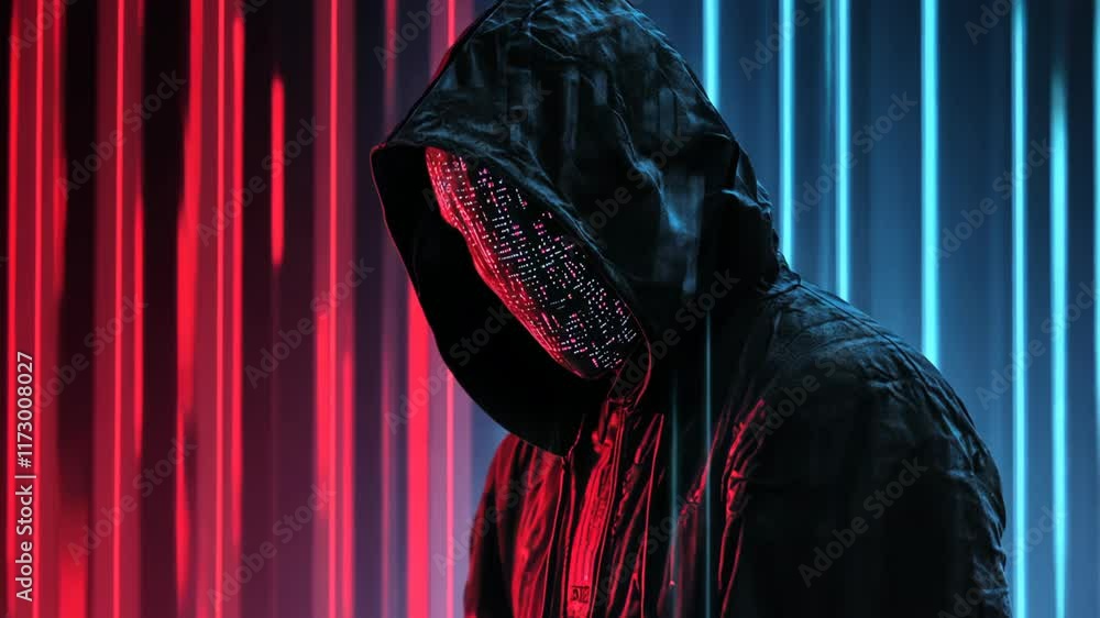 suspicious Ai robot wearing black hood with data and code floating ...