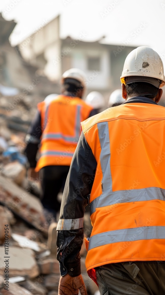 Poster A rescue team evacuating people from a collapsed building after ...