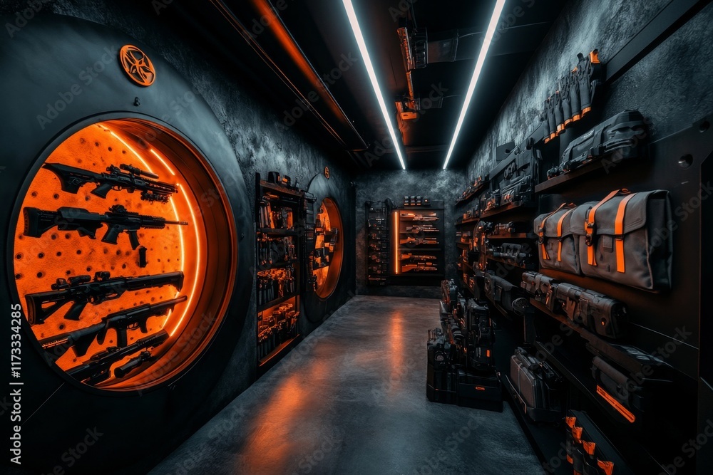 A collection of khaki firearms displayed in a secure vault, with ...