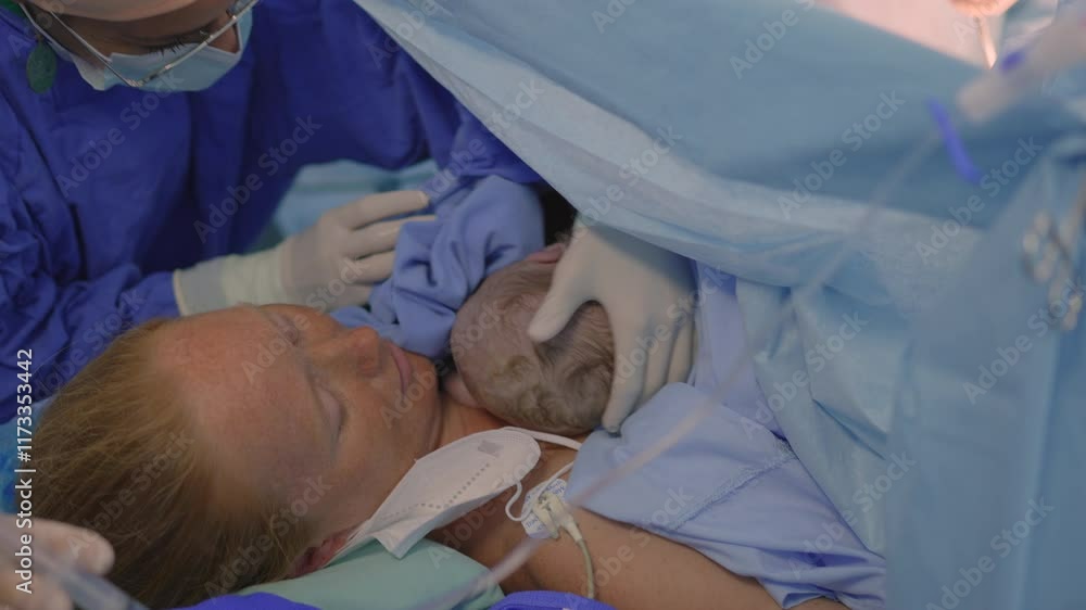 Vidéo Stock A just-born baby is placed on the mother's chest as the ...