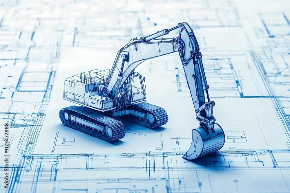 Miniature excavator model resting on architectural drawings ...