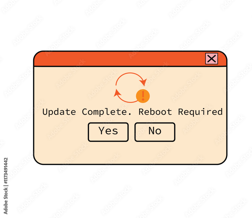 Computer dialog window in retro nostalgic style. update required, reboot required verification ...