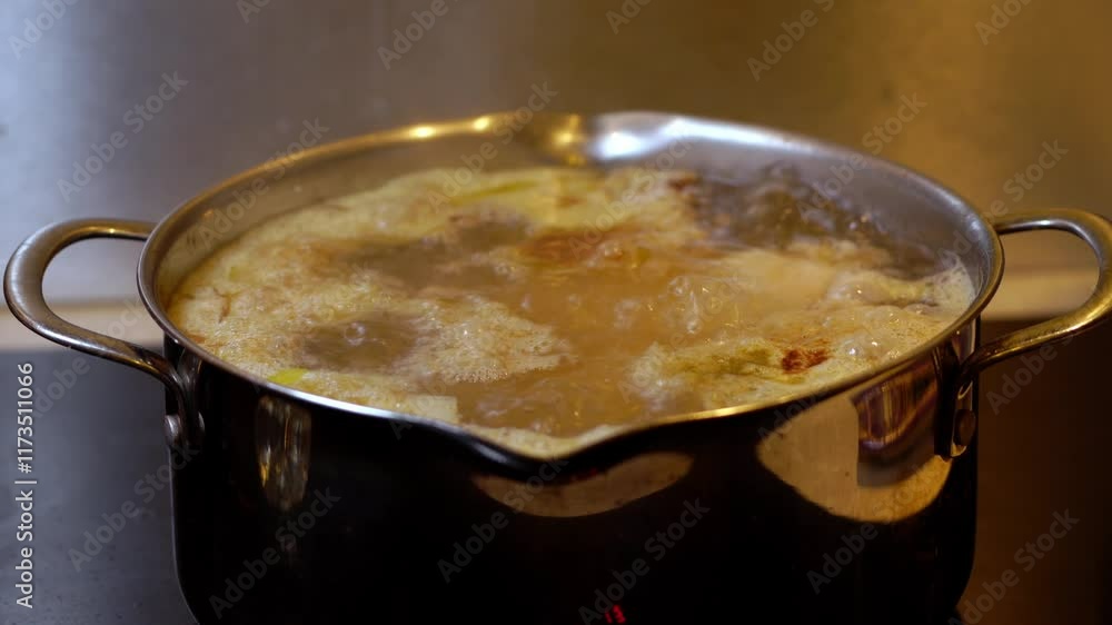 plan fixe avec une grosse casserole avec un bouillon de légumes en ...