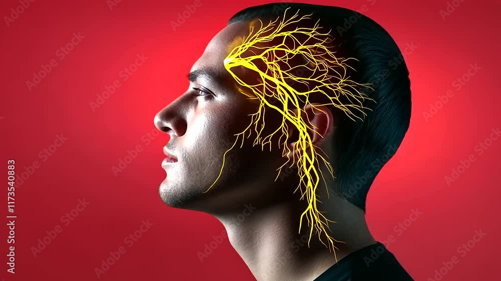 A head silhouette with detailed trigeminal nerve branching in yellow, a ...