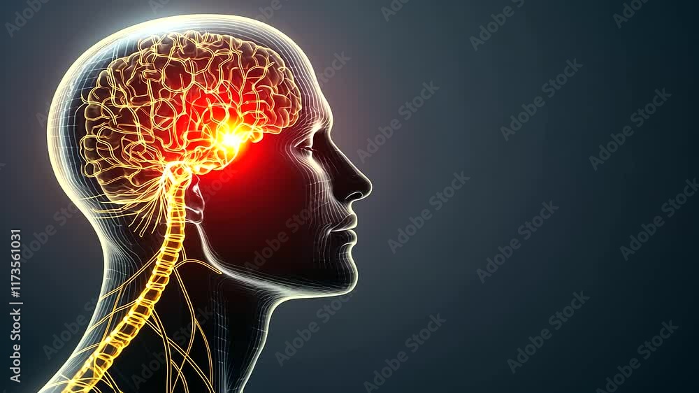 A head silhouette with detailed trigeminal nerve branching in yellow, a ...