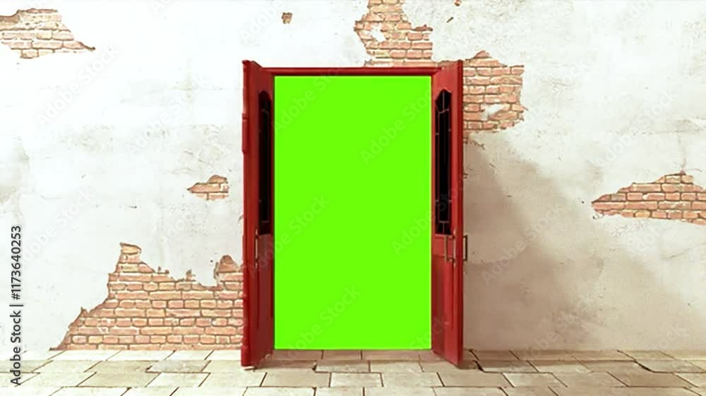classic antique animated scene of old wood red door opens to green ...