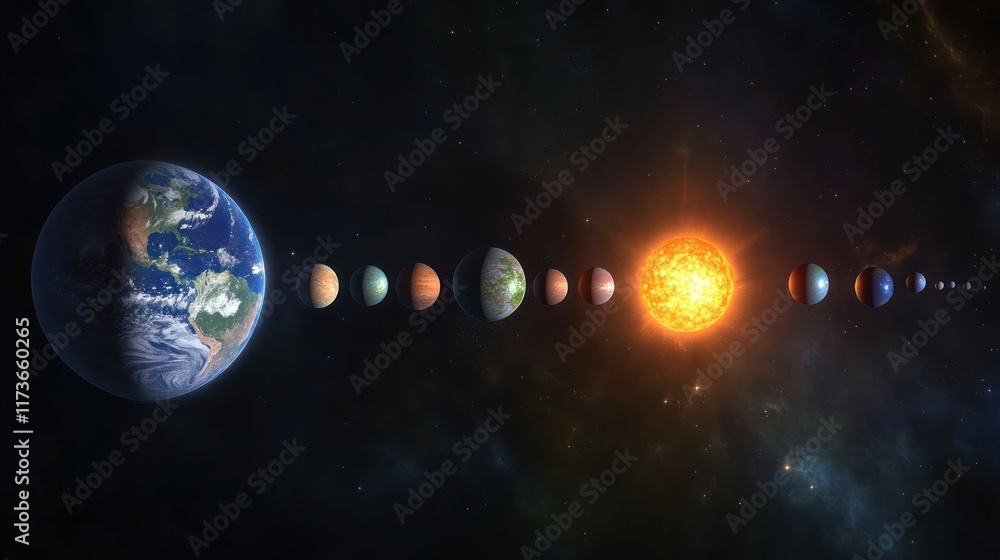 ภาพประกอบสต็อก Solar system planets in space, showing Earth's position ...