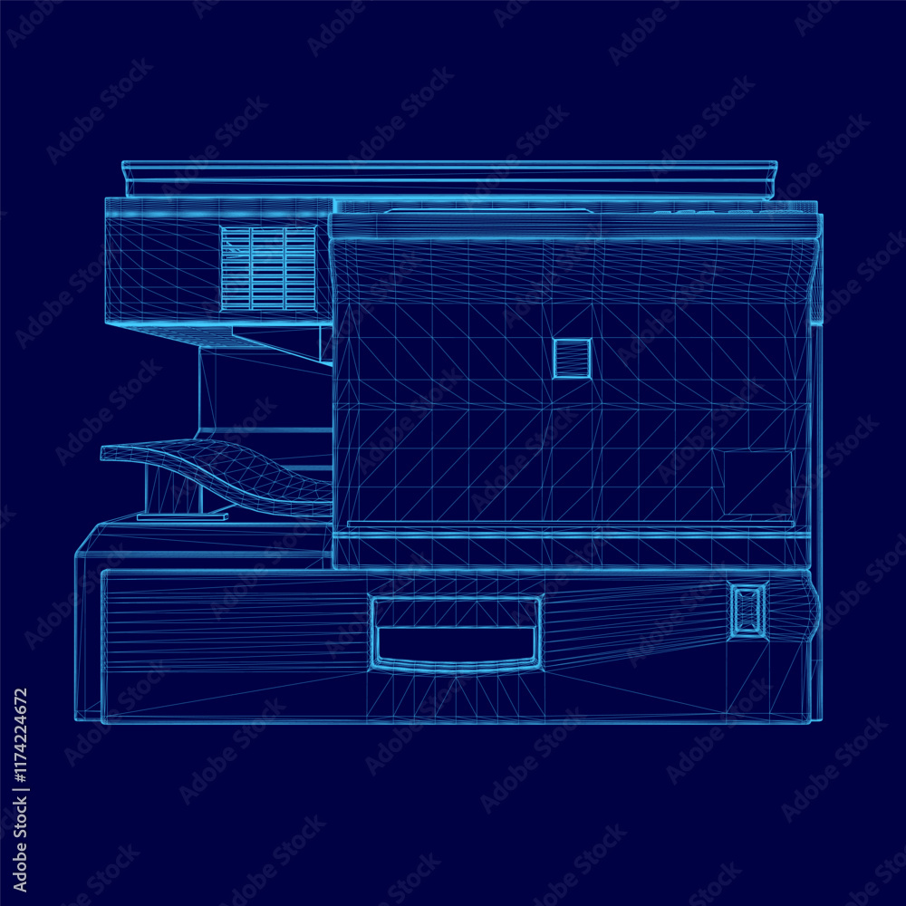 Blue drawing of a printer. The printer is a large, modern model with a ...
