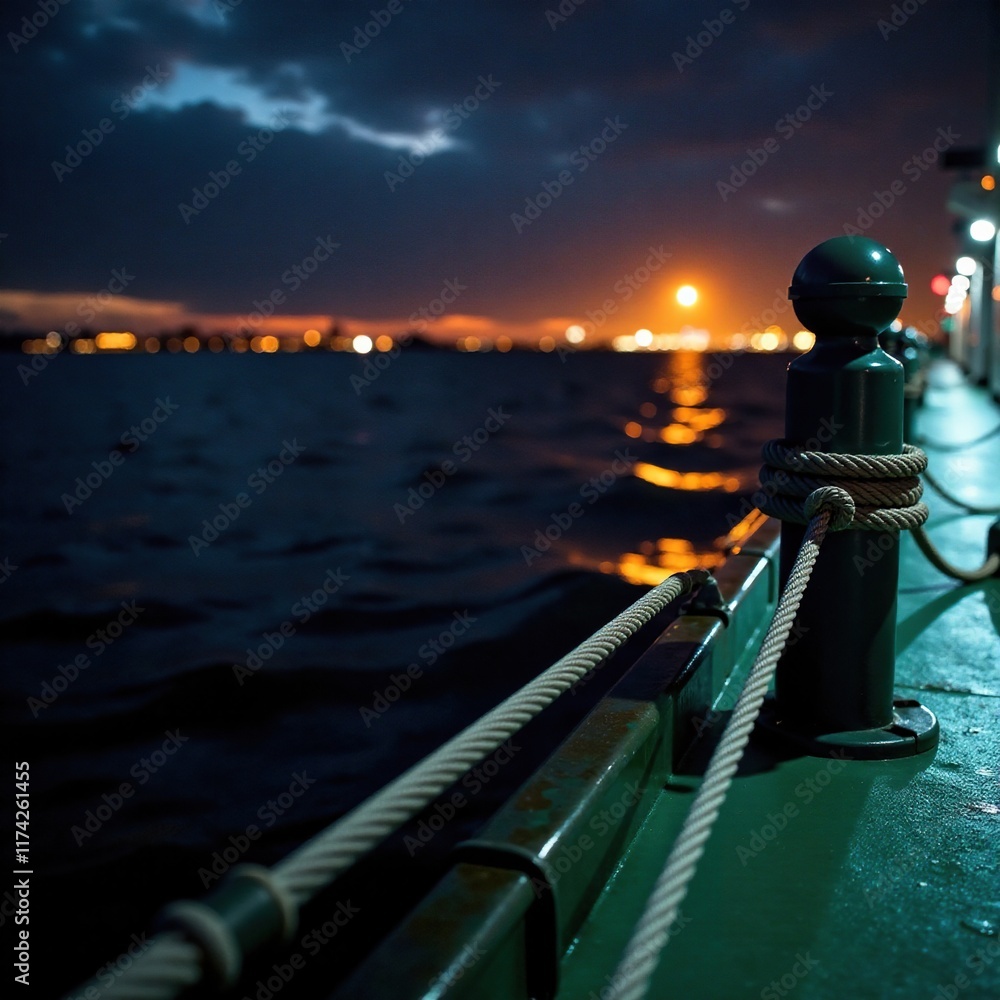 Poster Mooring cable wrapping around ship's bollard post at night ...