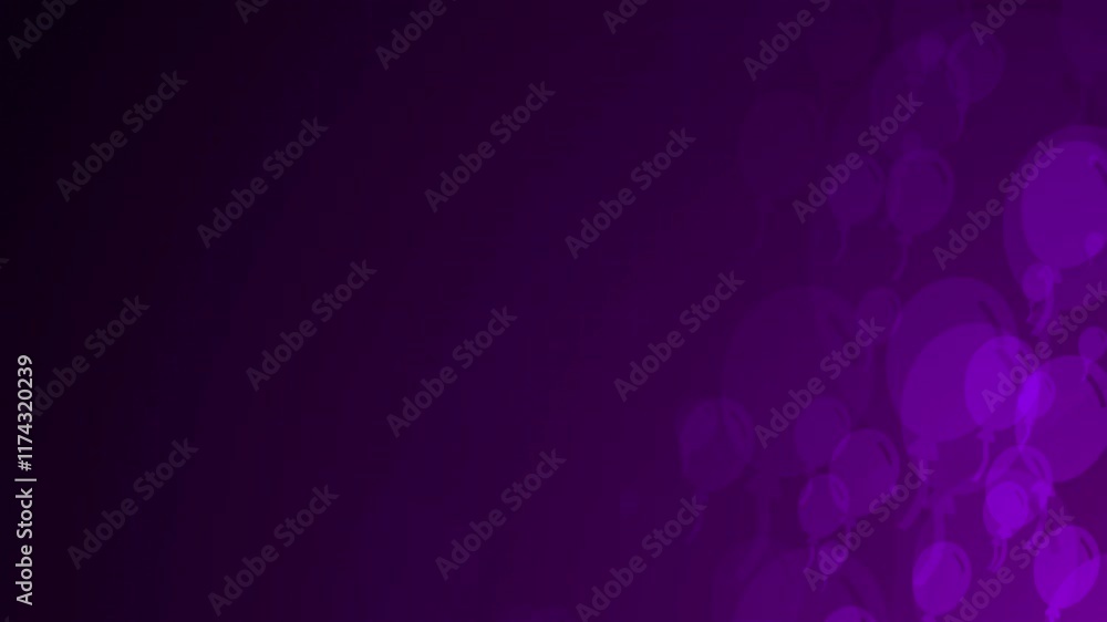 Purple party balloon shapes are moving from the bottom right of a ...