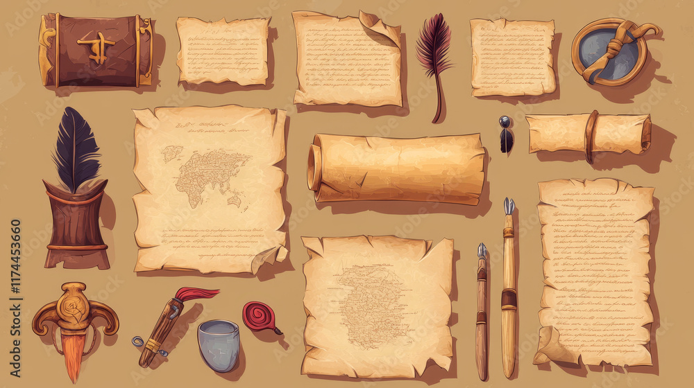 Cartoon set of ancient parchment scrolls isolated on background. Vector ...