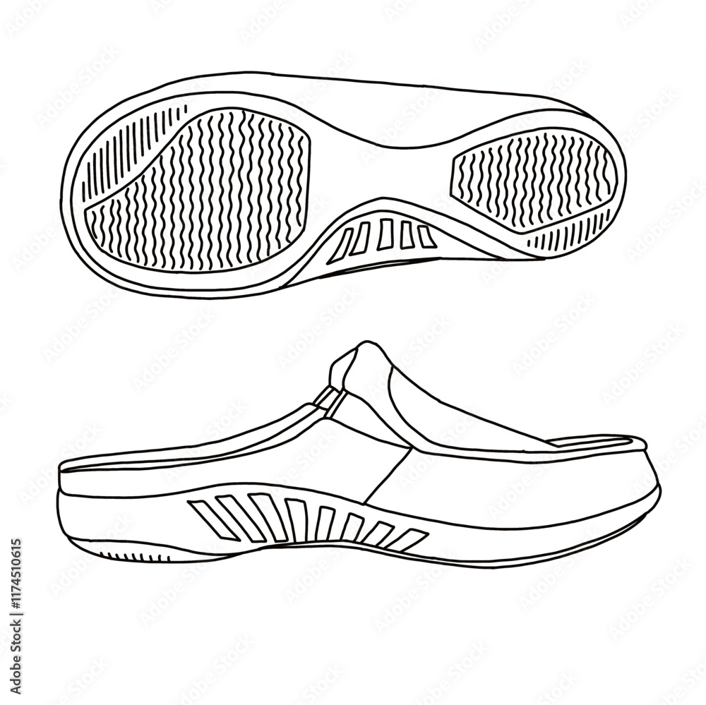 Women's slip on Backless Loafer Shoes Line art, Technical sketch hand ...