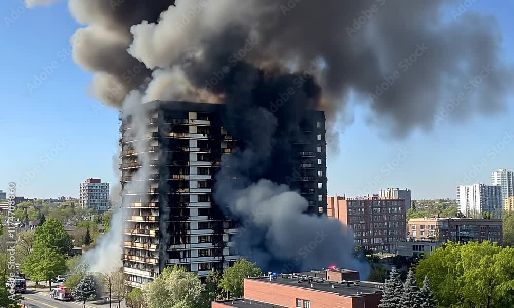 Massive fire engulfs a high-rise apartment building, sending thick black smoke billowing into ...