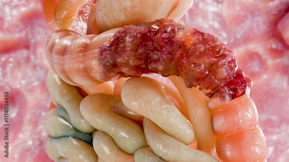 Colorectal cancer, malignant tumor in intestine, Endoscope inside ...