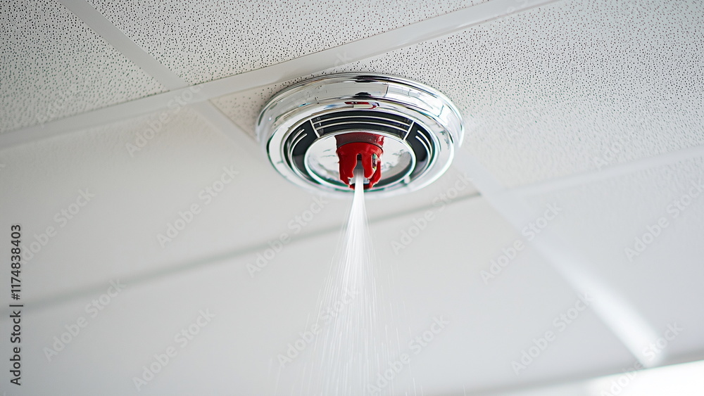 Red fire sprinkler system installed on the ceiling of a building, for ...