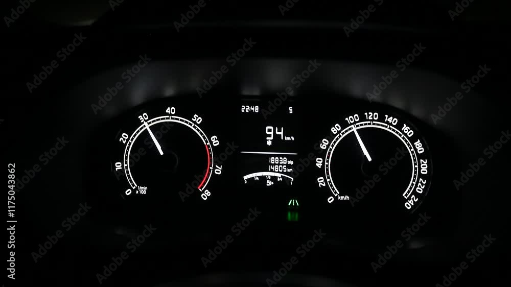 Modern dashboard in the car at night. Illuminated tach and speed gauges ...