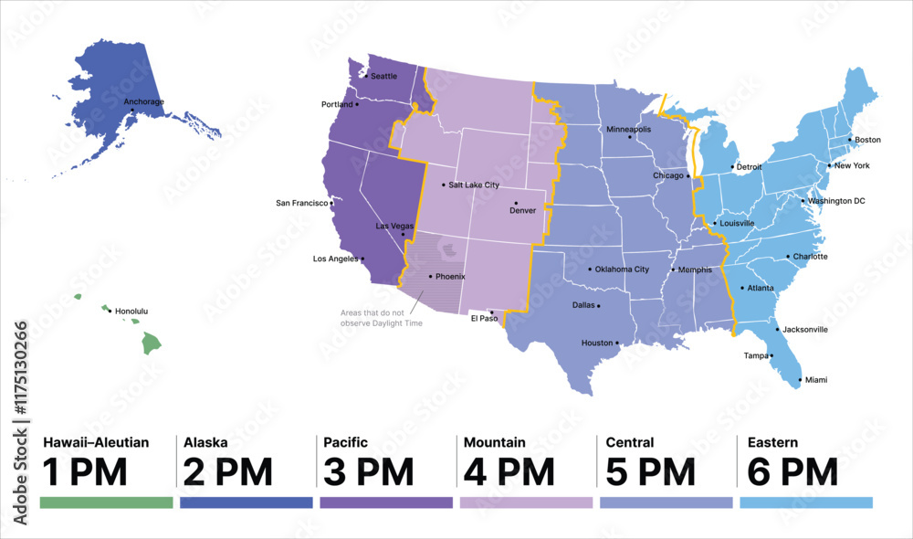 Poster Time Zone Map USA, Timezone Map, US Cities Timezone, America Time, USA Map, USA ...