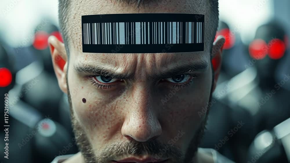 Man with barcode on forehead stands defiantly in front of robotic ...