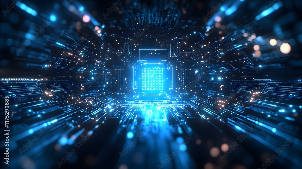 Digital circuit board focuses on blue glowing microchip with radiating ...