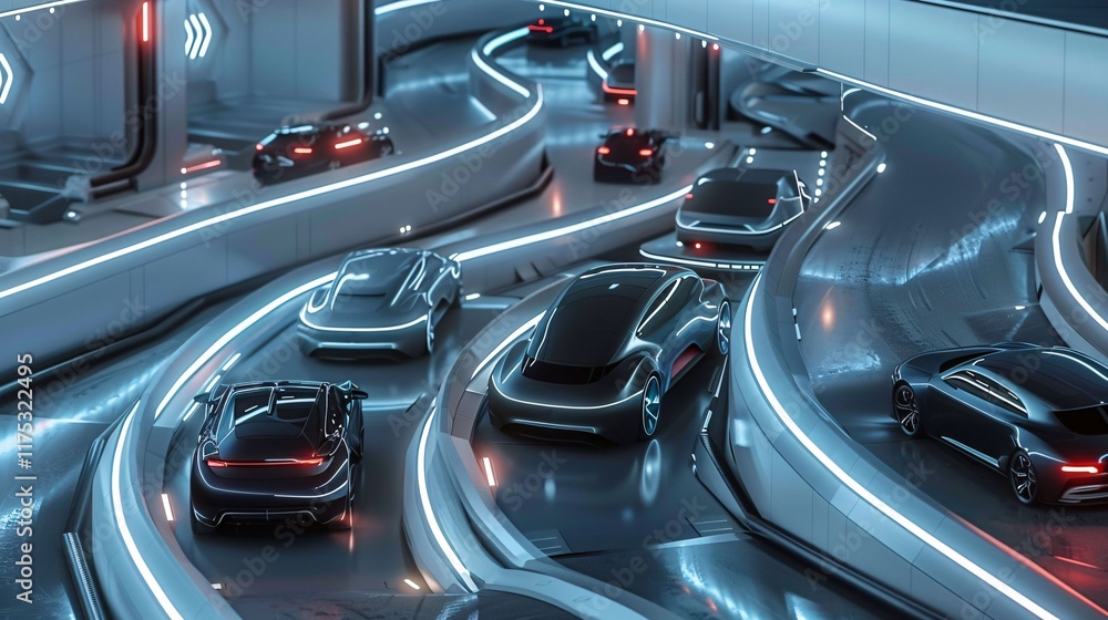 Sleek futuristic autonomous electric vehicles navigating a curved ...