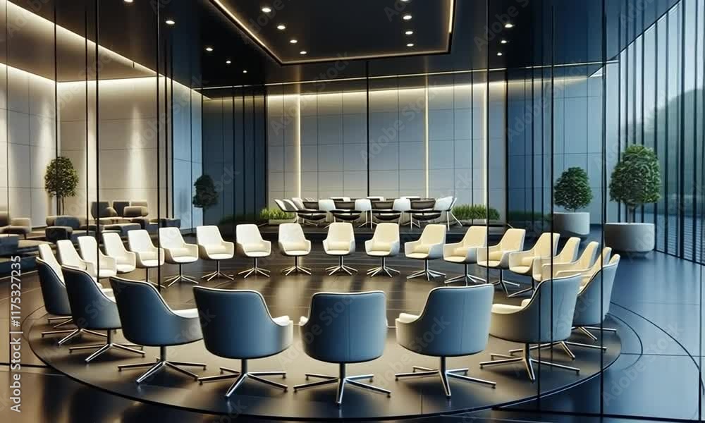 A modern conference room features a circular arrangement of sleek white ...