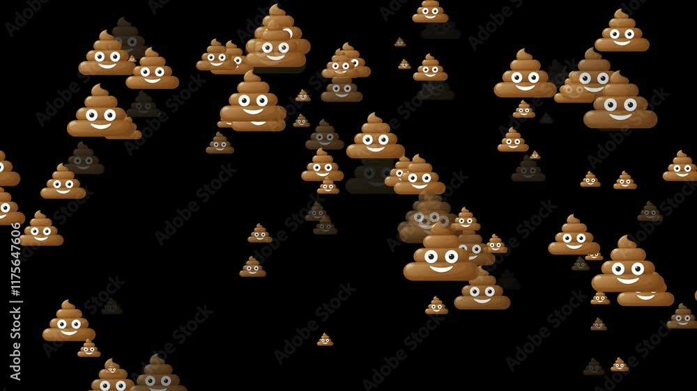 A whimsical animation of floating poop emoji icons in flat style ...