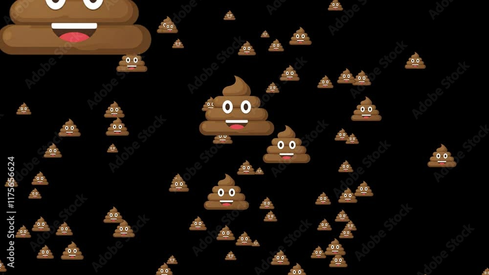Playful floating flat poop emoji icons with varying expressions, gently ...