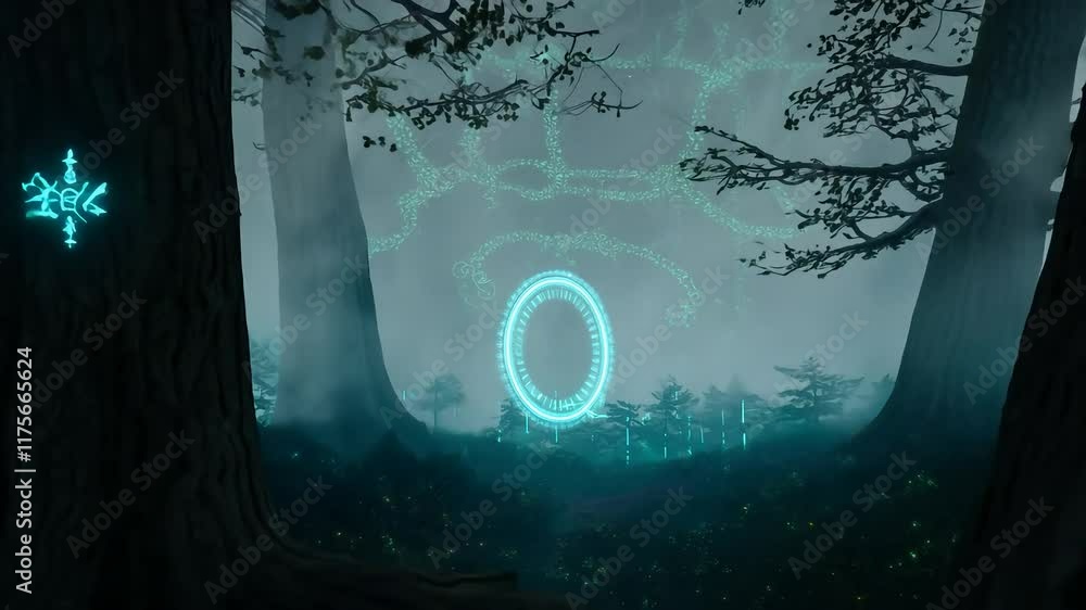 A mystical forest where trees have glowing runes carved into their bark ...