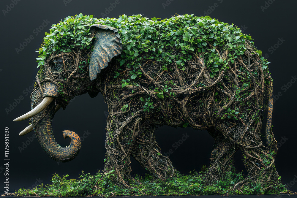 Poster A majestic elephant formed entirely of intertwining tree roots ...