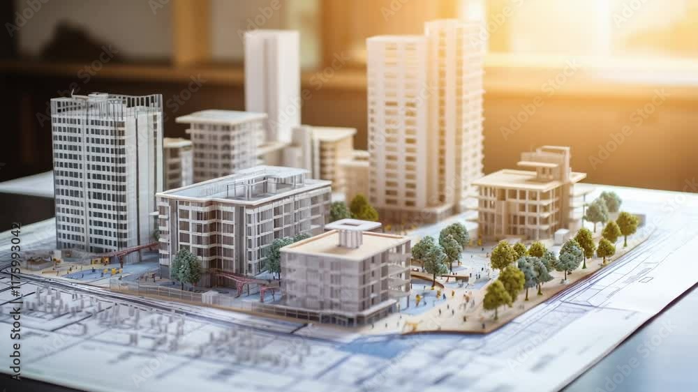 Displaying an architectural model of a city atop detailed blueprint ...